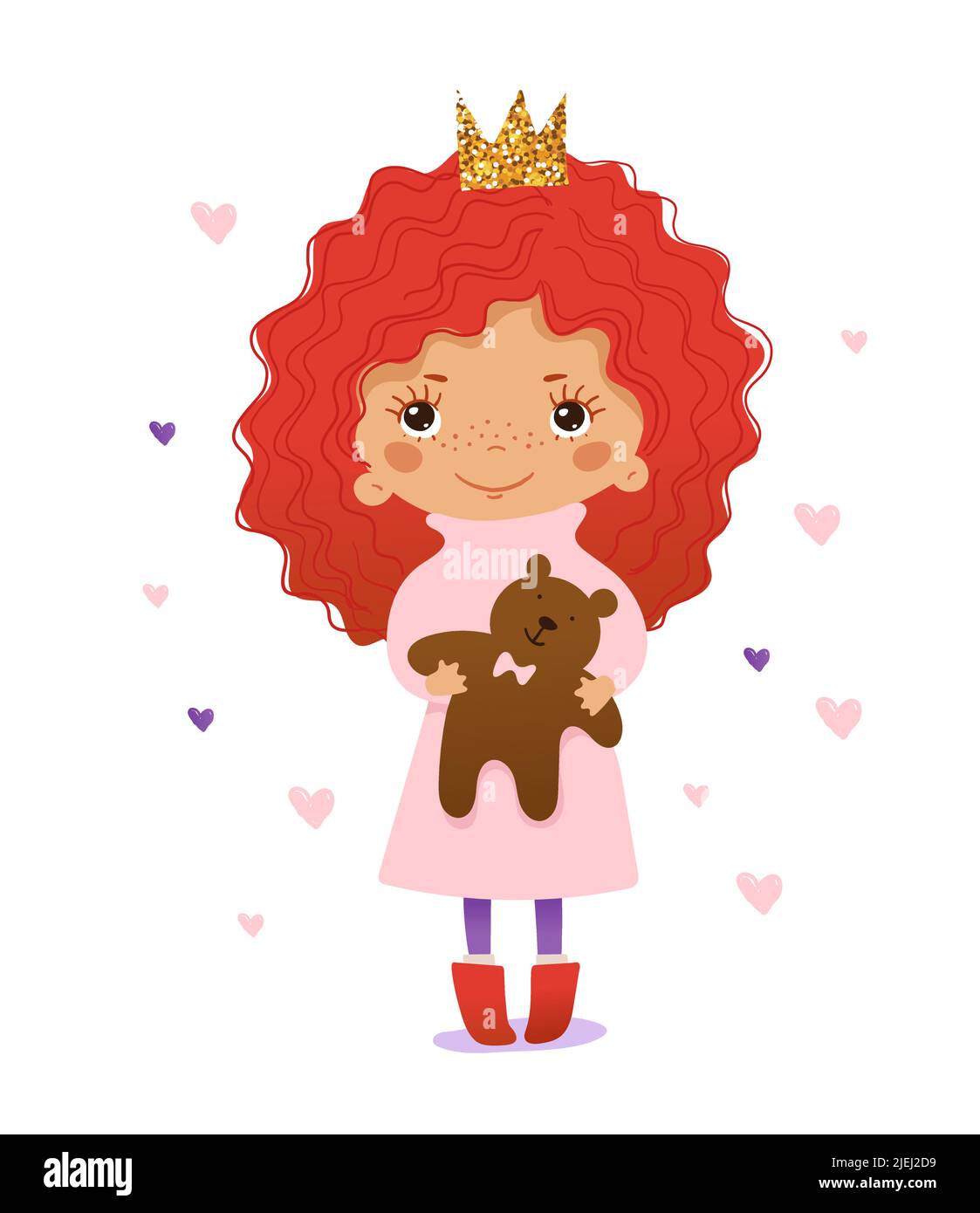 A cute little princess is holding a beloved teddy bear in her arms ...