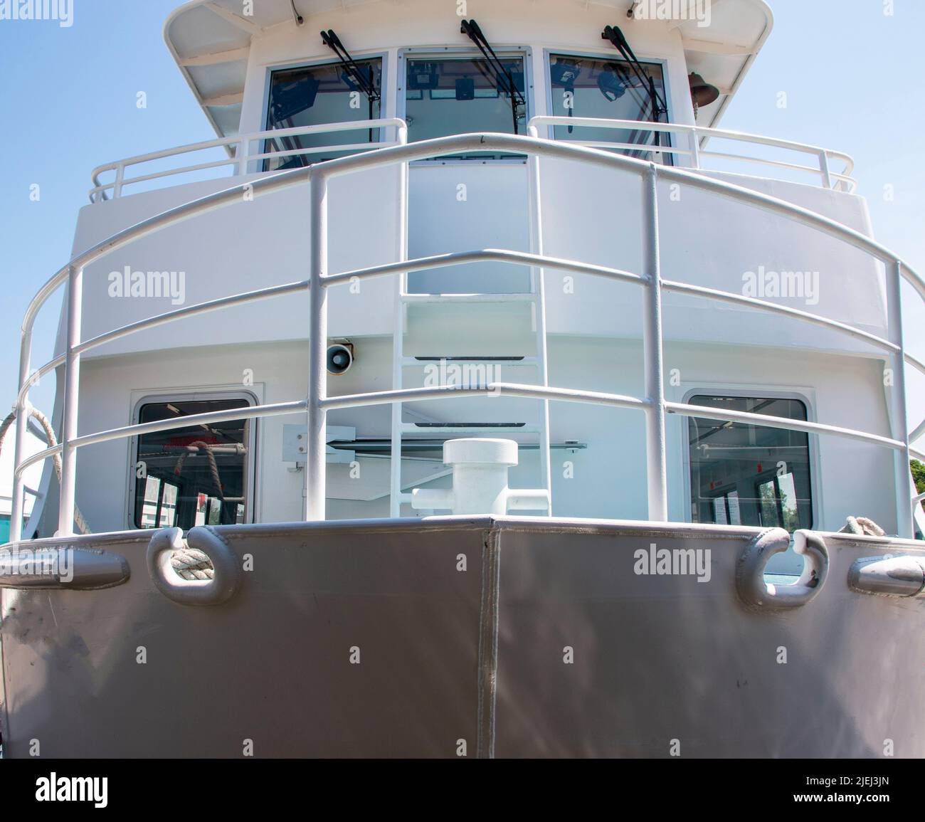 Close up of front of a Fire Island Ferry boat tied up at the Bay Shore ...