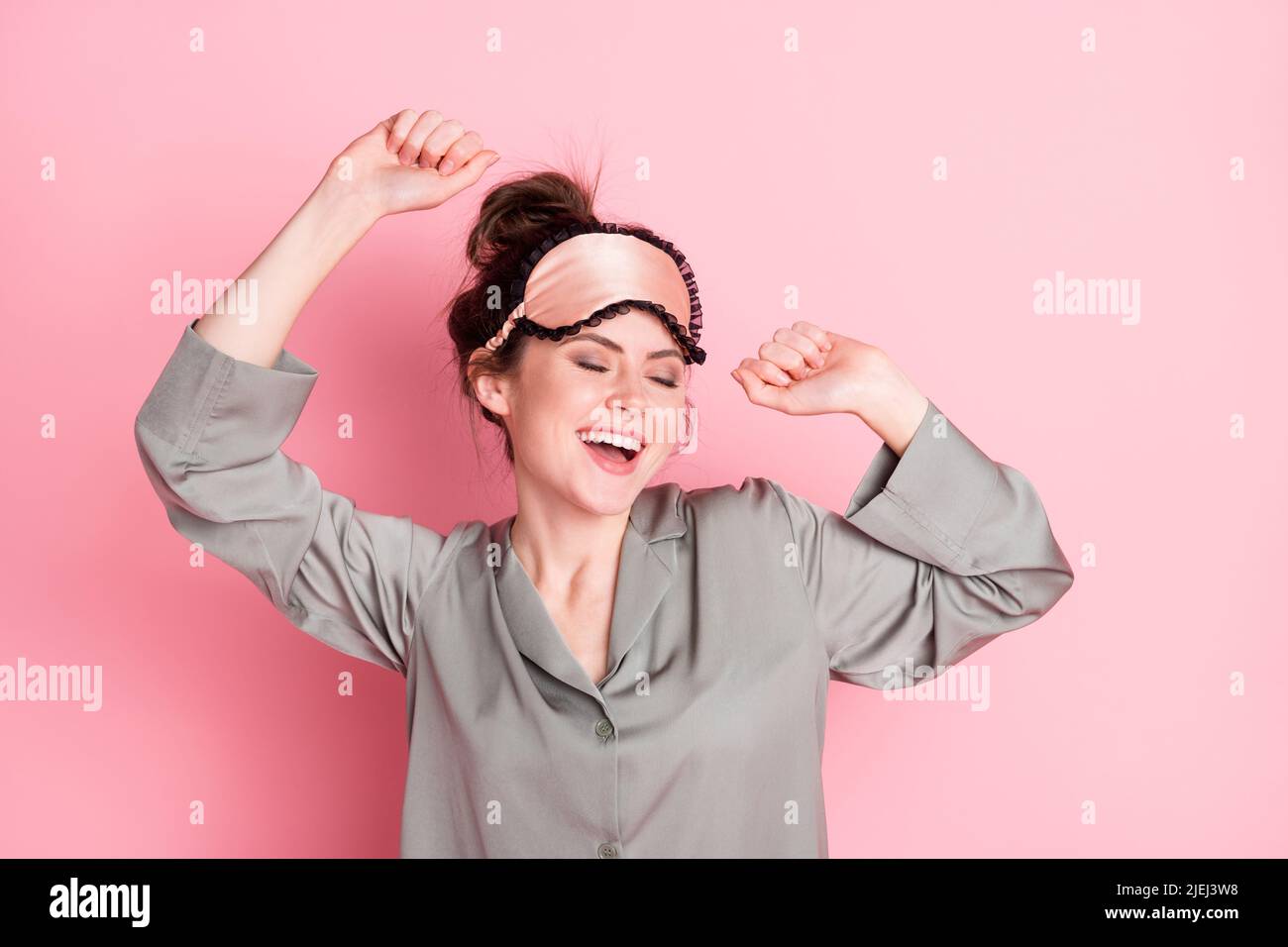 Photo of young girl happy positive smile have fun dance sleepover party ...