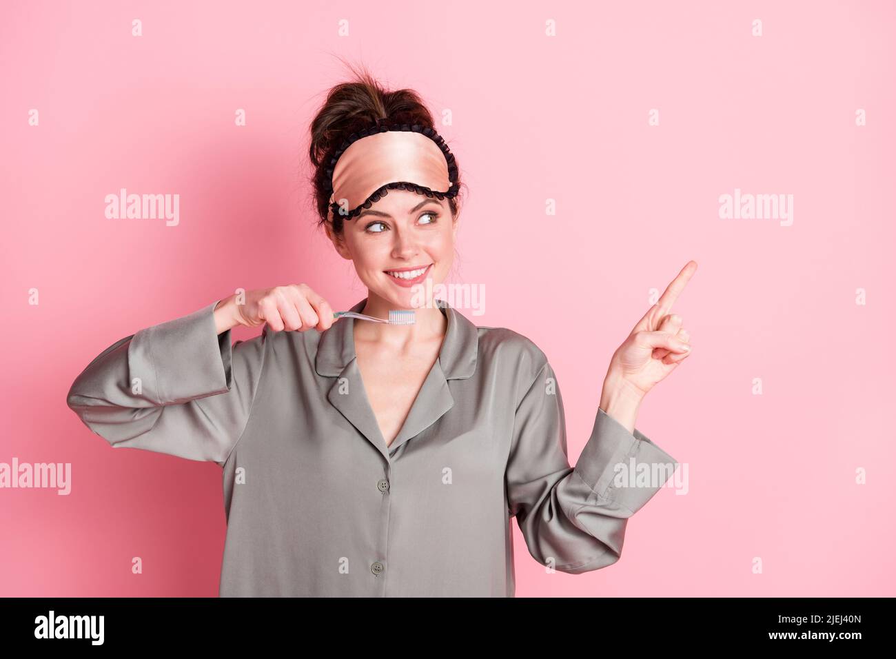 Photo of young girl happy positive smile wash teeth toothbrush point ...