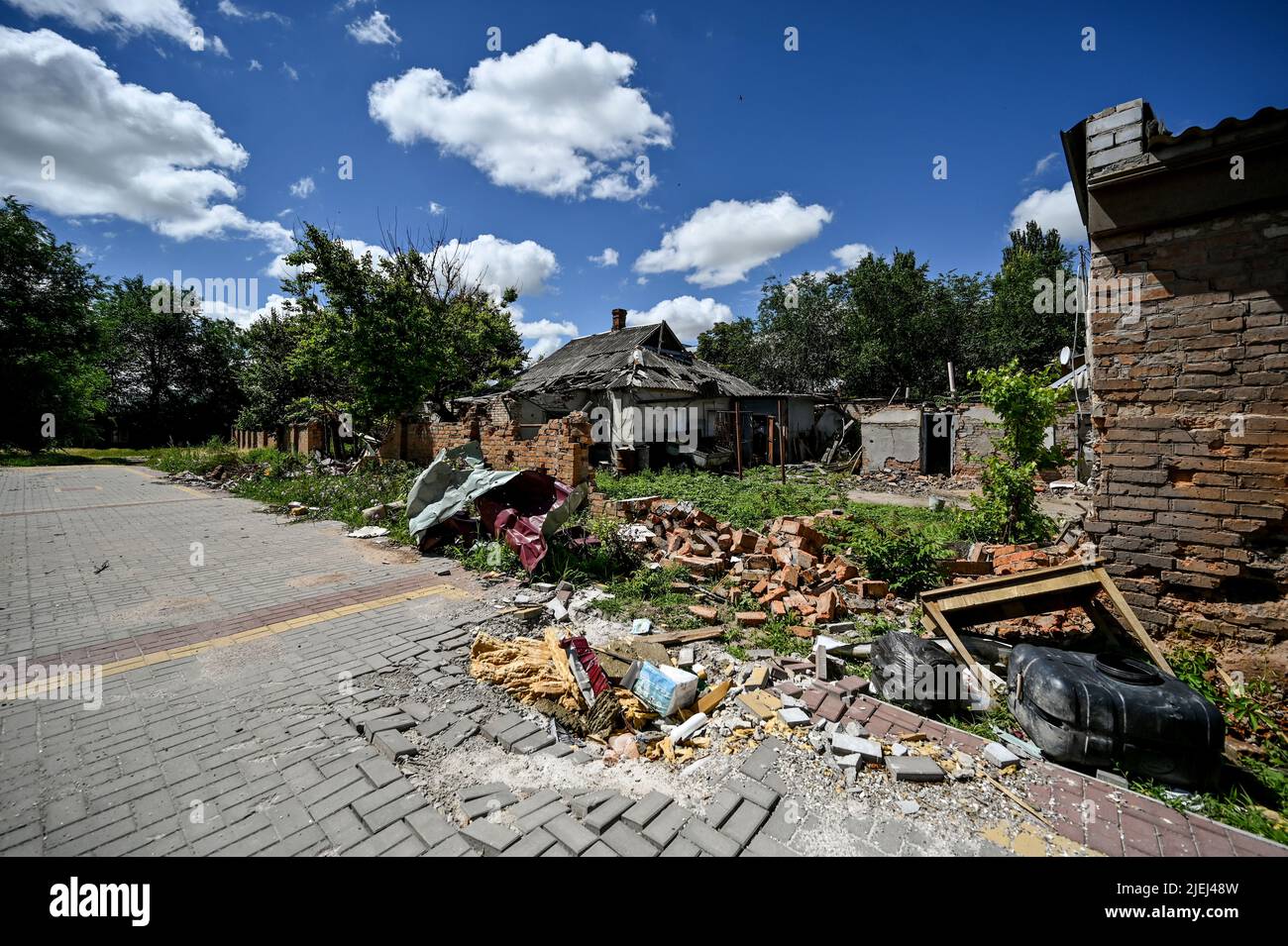 ORIKHIV, UKRAINE - JUNE 24, 2022 - A house destroyed as a result of ...