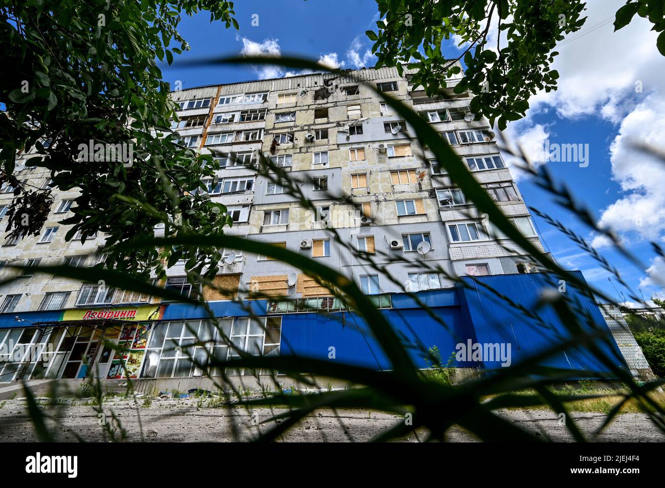 ORIKHIV, UKRAINE - JUNE 24, 2022 - An apartment block shows damage ...