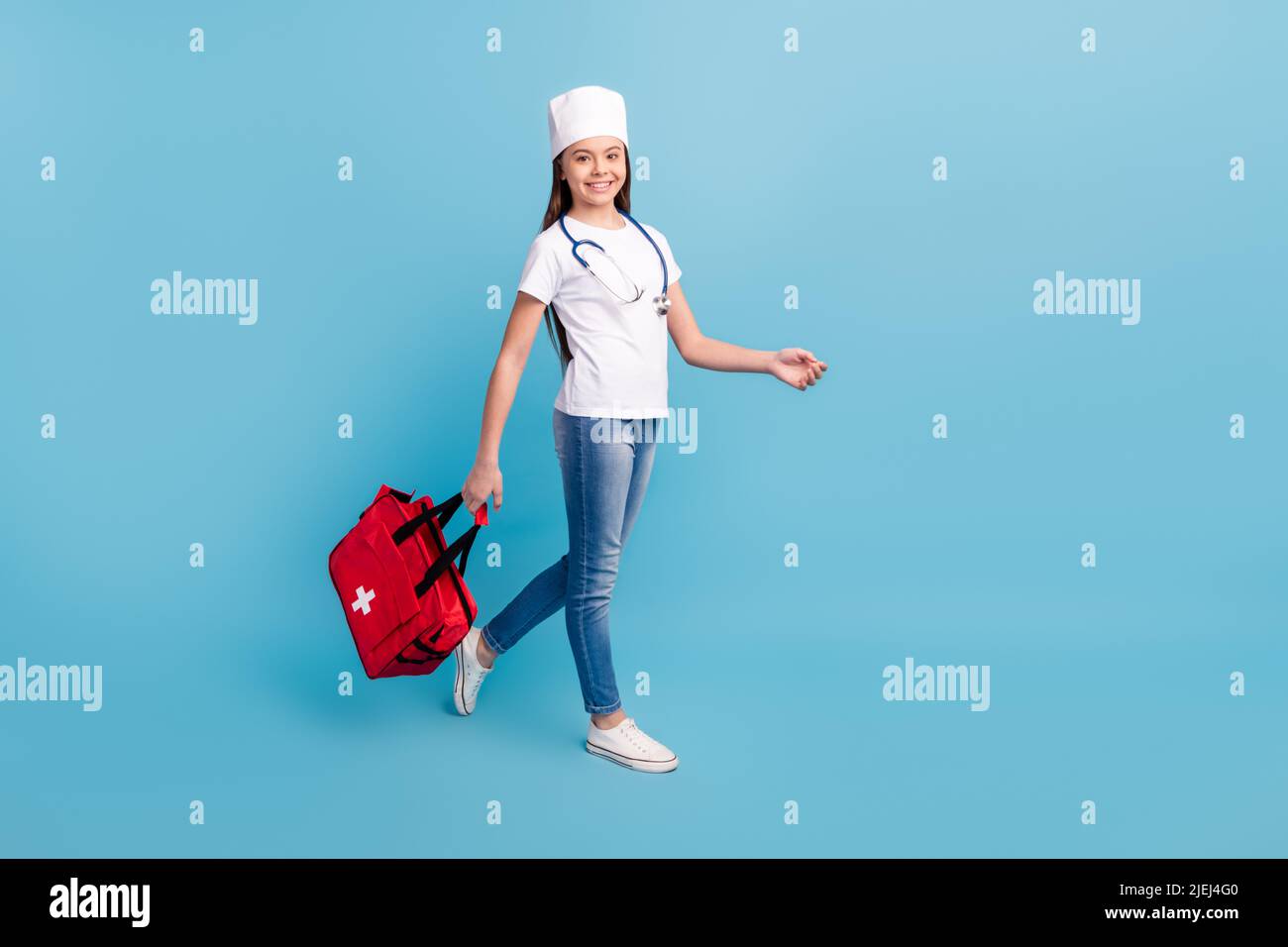 Full length body size photo of small nurse going on emergency ready to ...