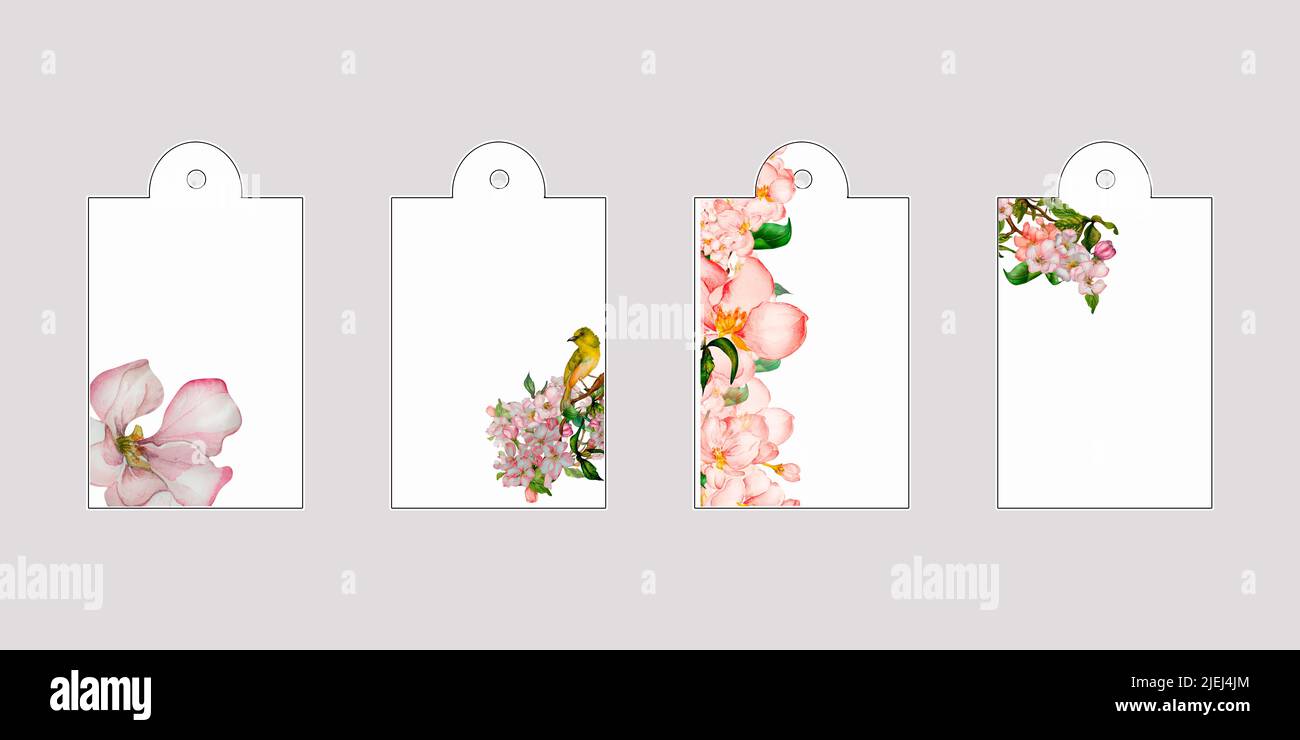 Set of tags with blooming flowers. Spring flowering branch, watercolor ...
