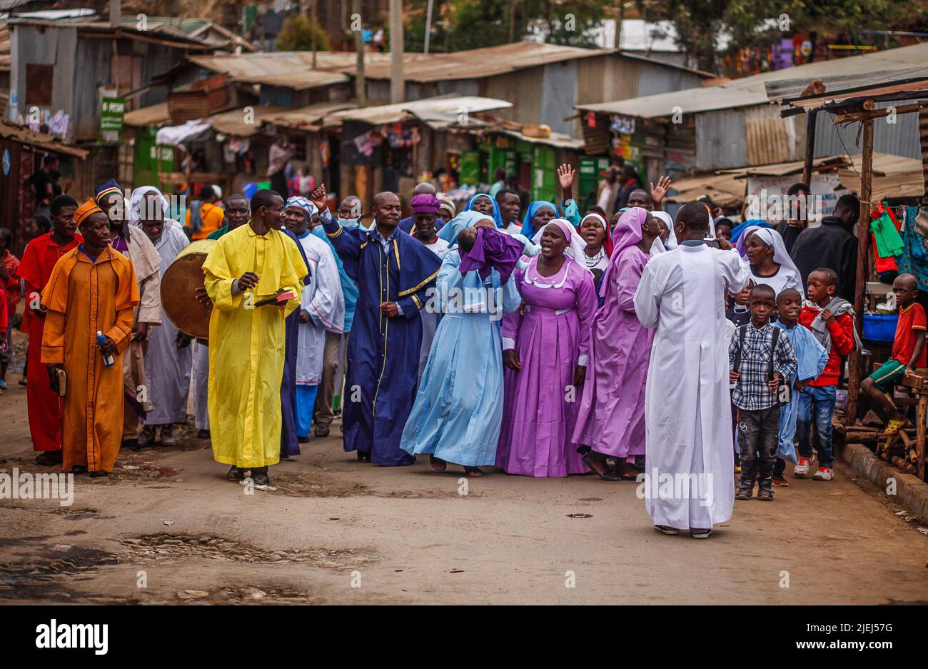 Members of the African christian church Roho Israel, holding a two ...