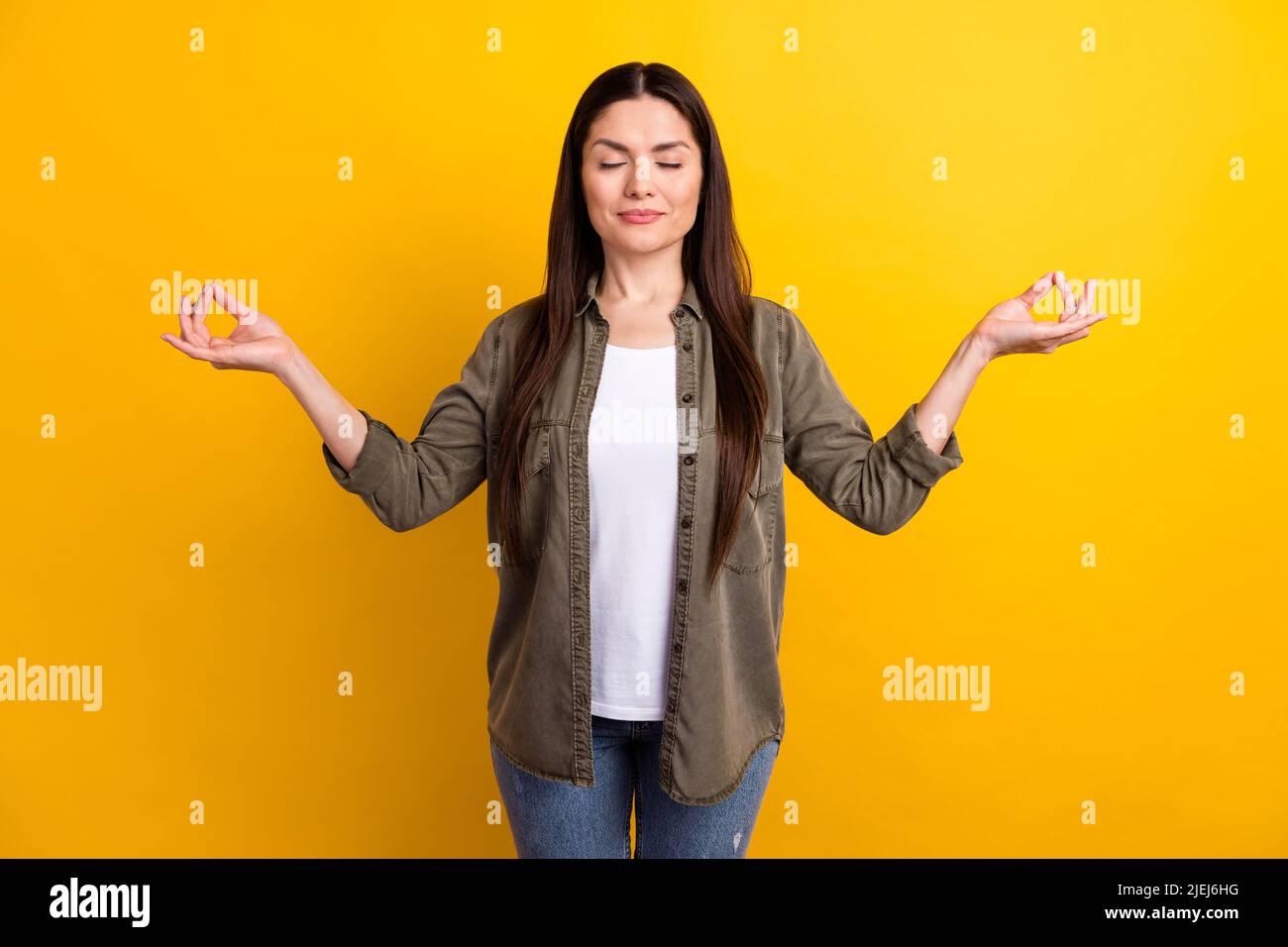 Photo of adorable pretty mature lady dressed green clothes practicing ...