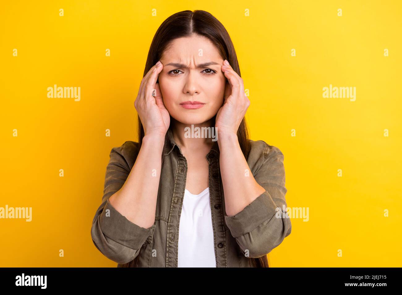 Photo of unhappy sad upset young woman hold hands head temples ache ...