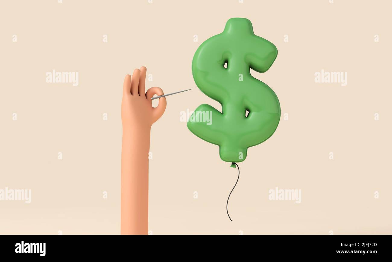 Hand holding a pin about to pop a dollar symbol balloon. 3D Rendering ...