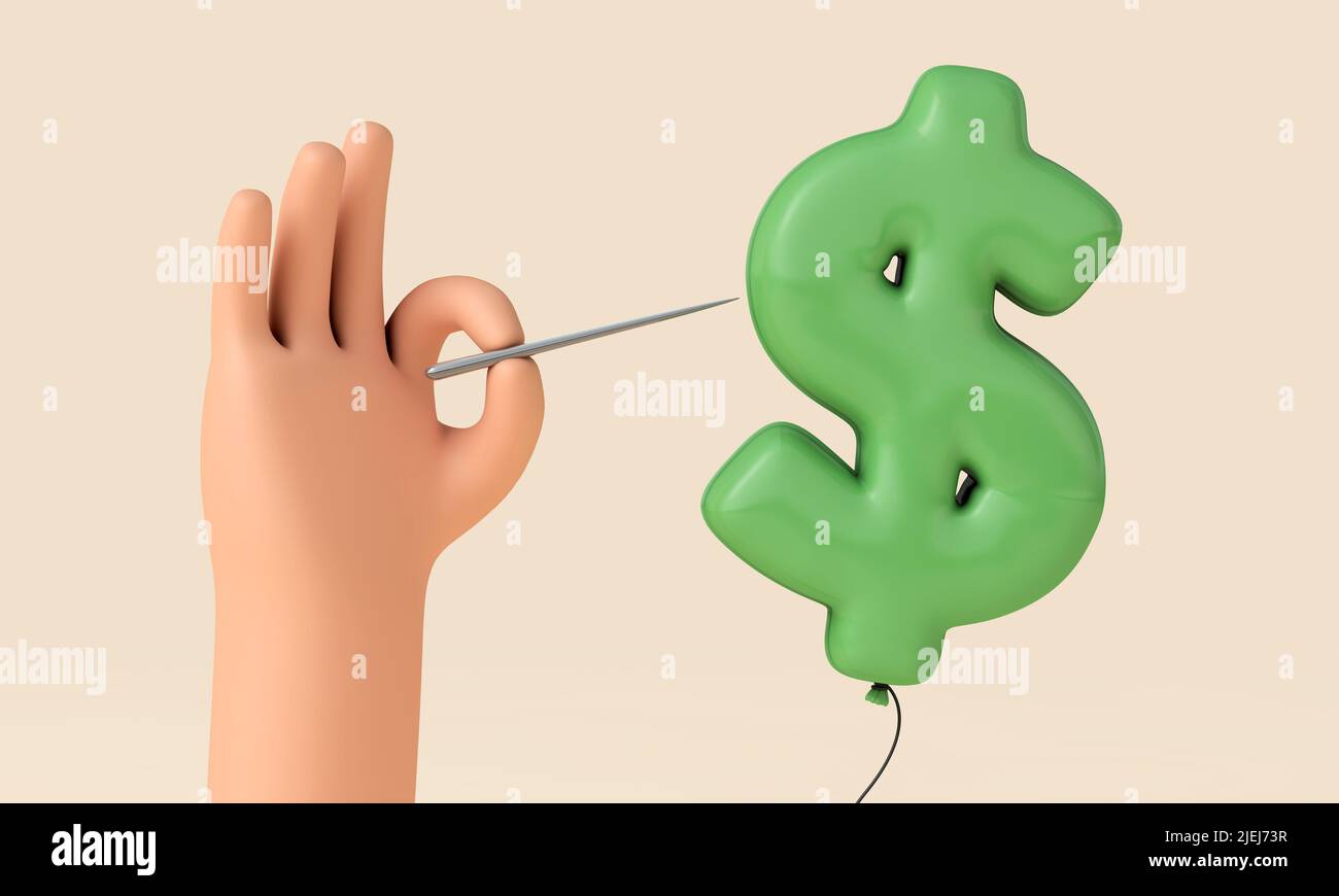 Hand holding a pin about to pop a dollar symbol balloon. 3D Rendering ...