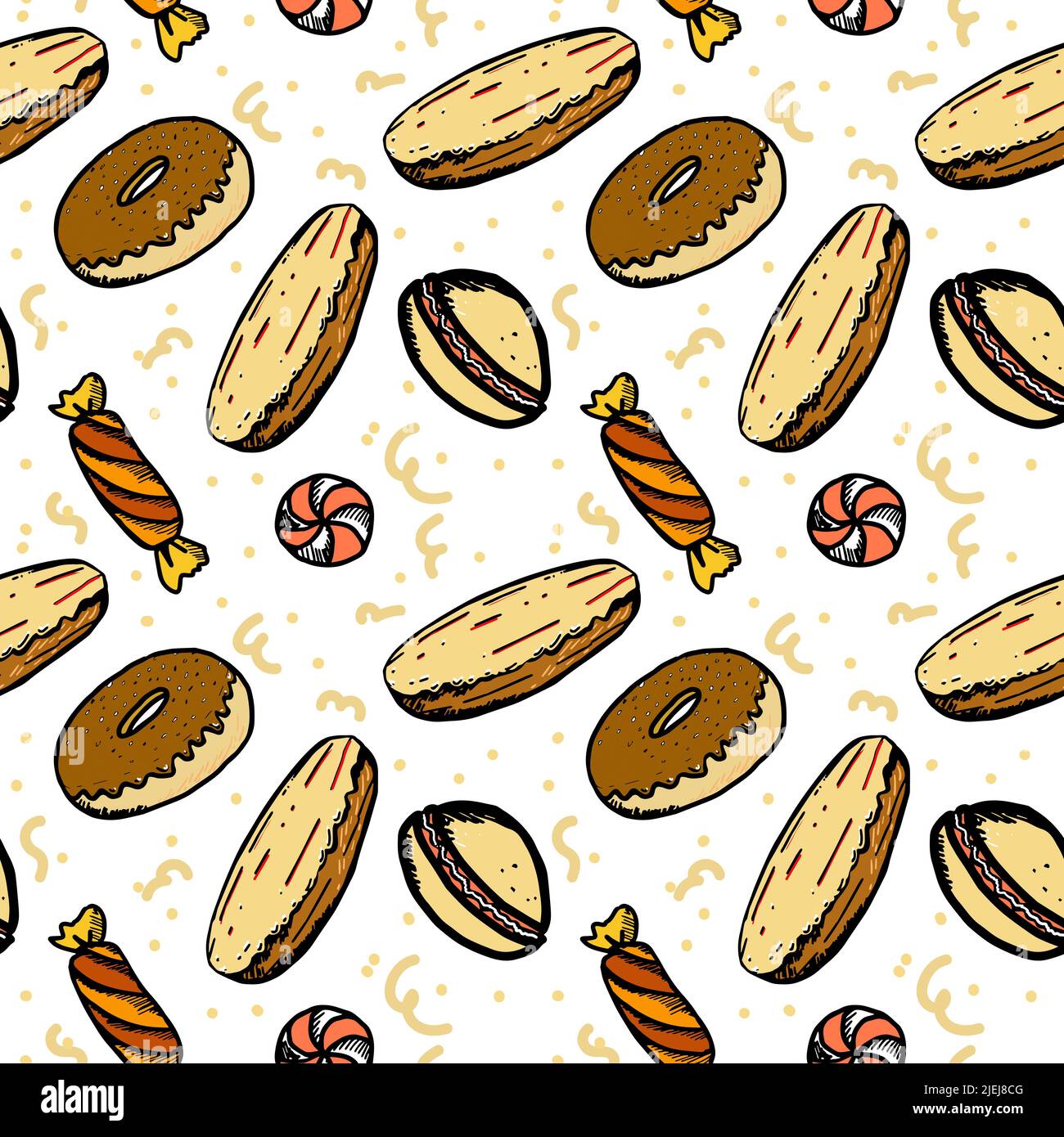 A seamless pattern of sweet pastries, hand-drawn cartoon style doodles ...