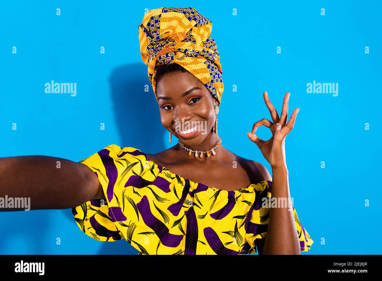 Photo of young stunning cheerful african woman take selfie showing okay ...