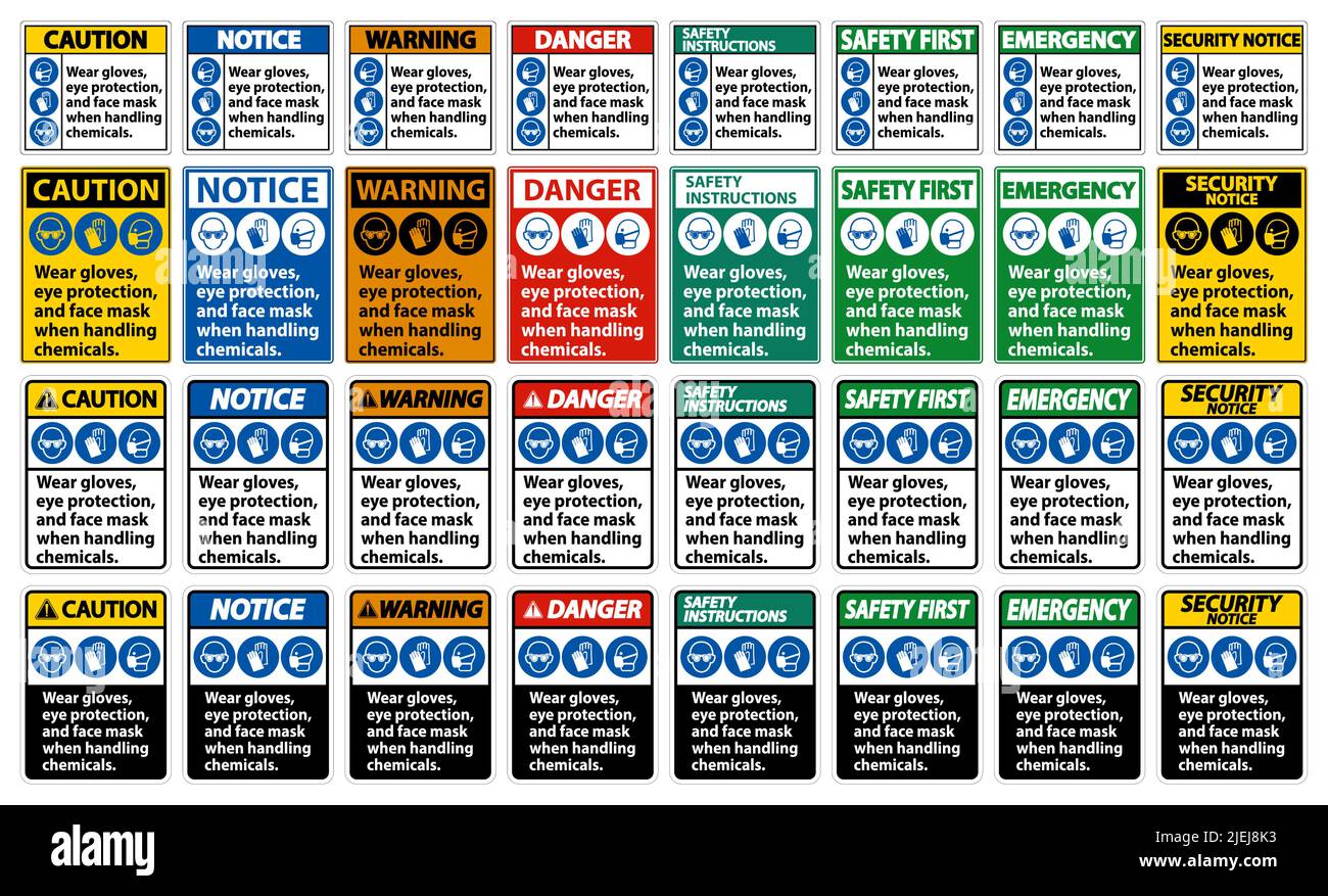 Wear Gloves, Eye Protection, And Face Mask Sign Isolate On White ...