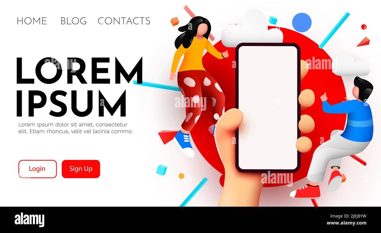 Landing page. Modern banner template with tiny people and giant smartphone. mobile app design ...