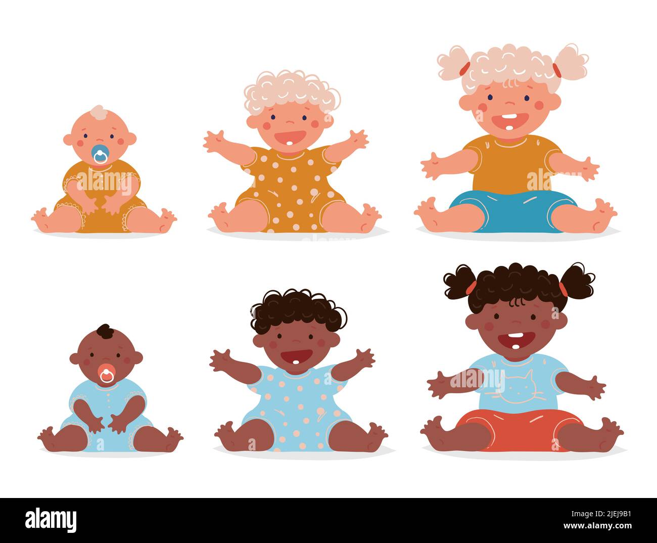 Cute little black and white girl icon set. Cartoon character growth in ...