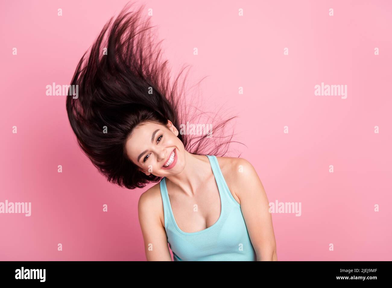 Photo of shiny beauty millennial lady hair up wear blue top isolated on ...