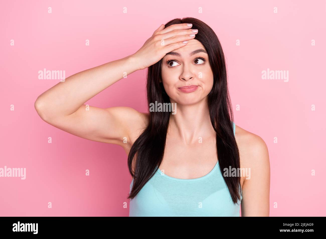 Photo of young girl hand touch forehead forgot memory look empty space ...