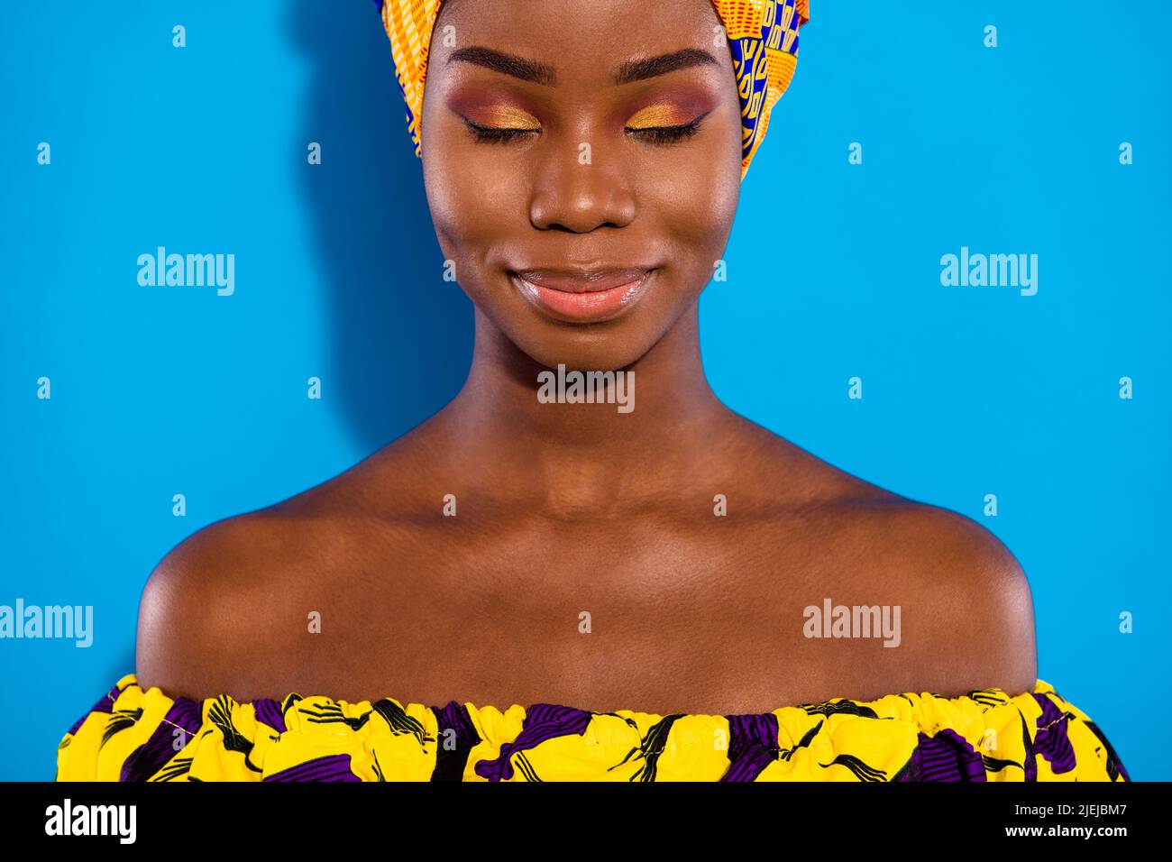 Photo of charming positive dark skin girl closed eyes smile enjoy free ...