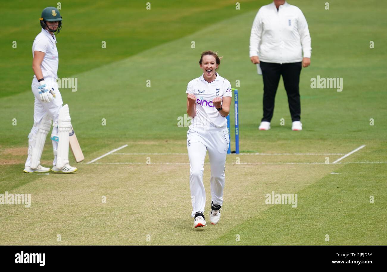 England's Kate Cross celebrates taking the wicket of South Africa's ...
