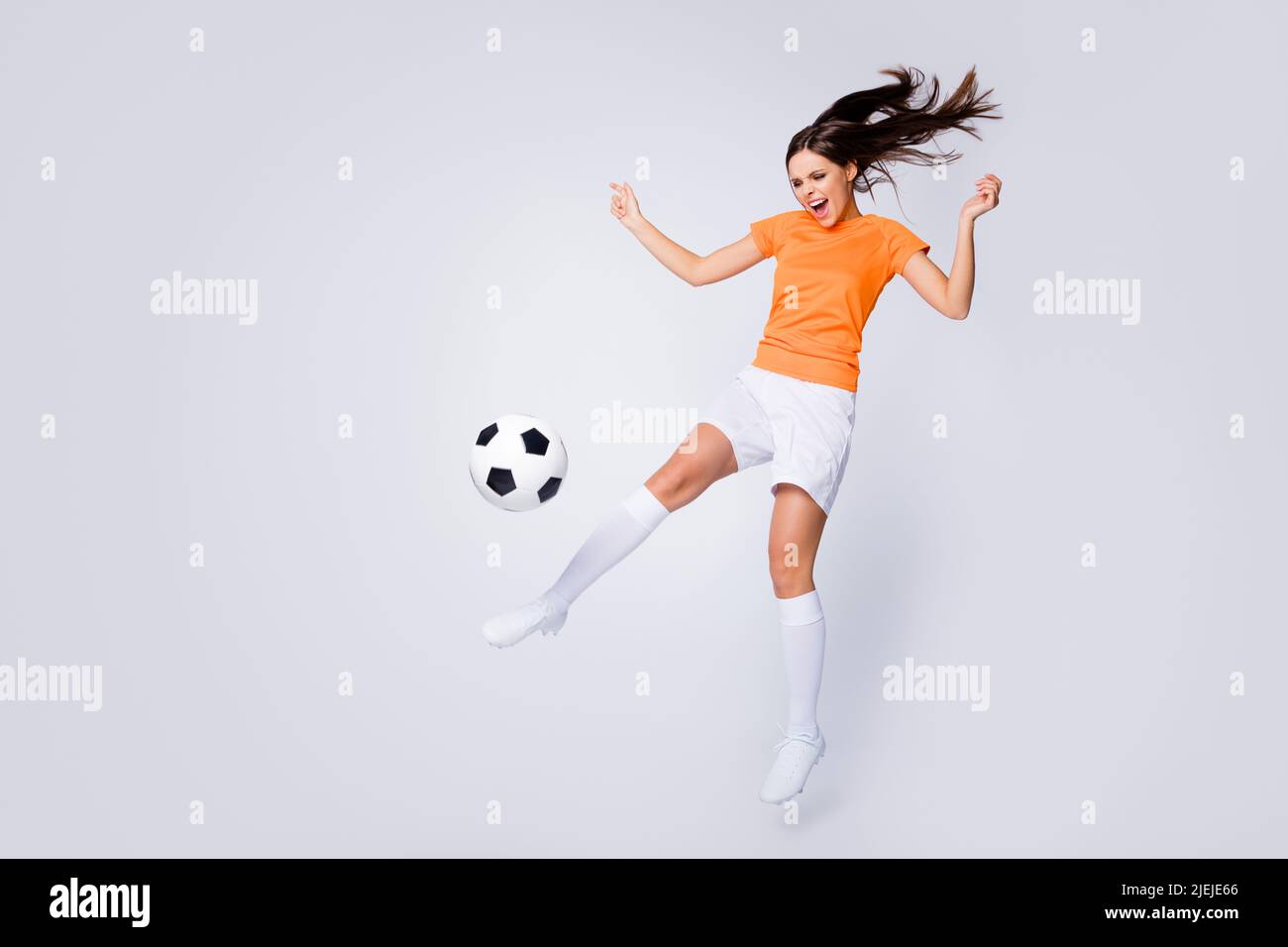 Full body profile photo of joyful excited lady jump up goalkeeper ...