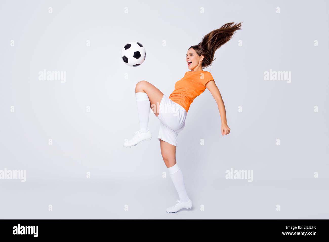 Full body photo of skilled lady soccer team player euro 2020 league ...