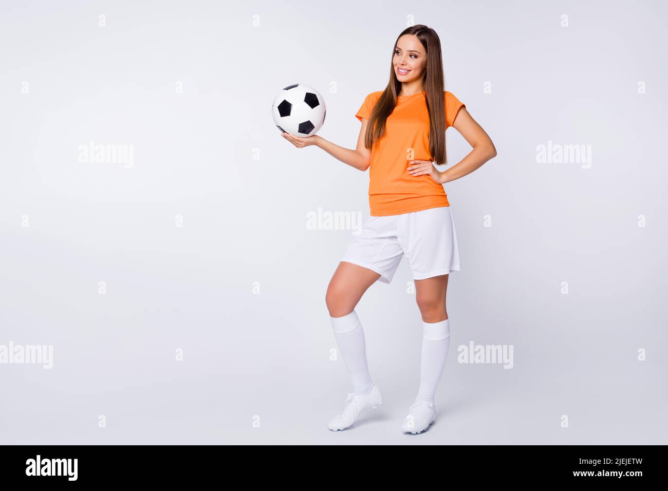 Full body photo of confident joyful lady player soccer team euro cup ...