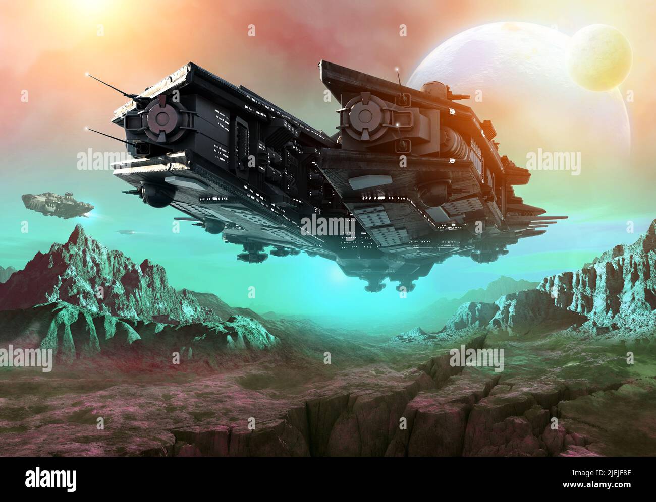 space ship flying low over planet 3D illustration Stock Photo - Alamy