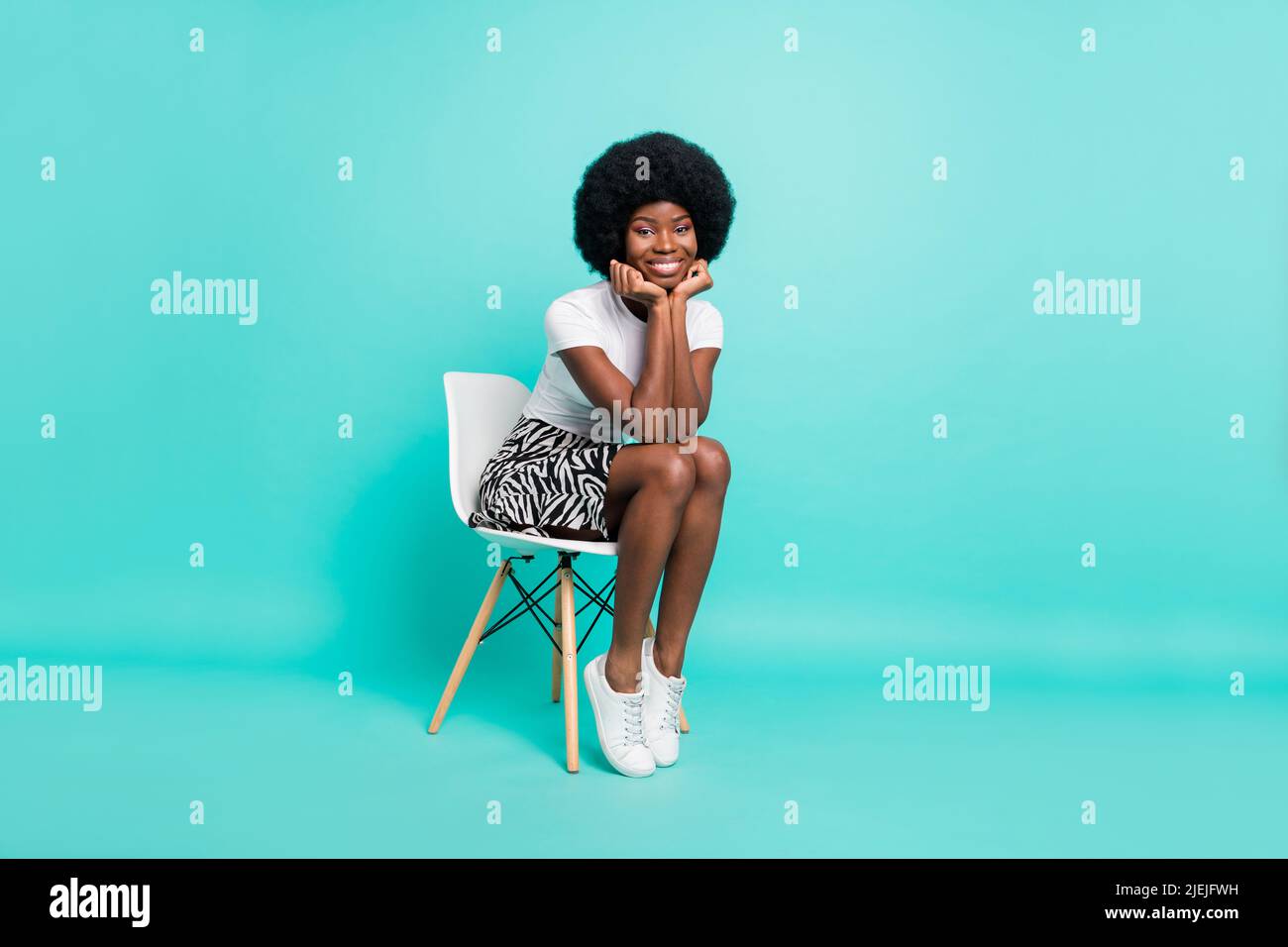 Photo of shiny adorable dark skin lady wear casual clothes smiling ...