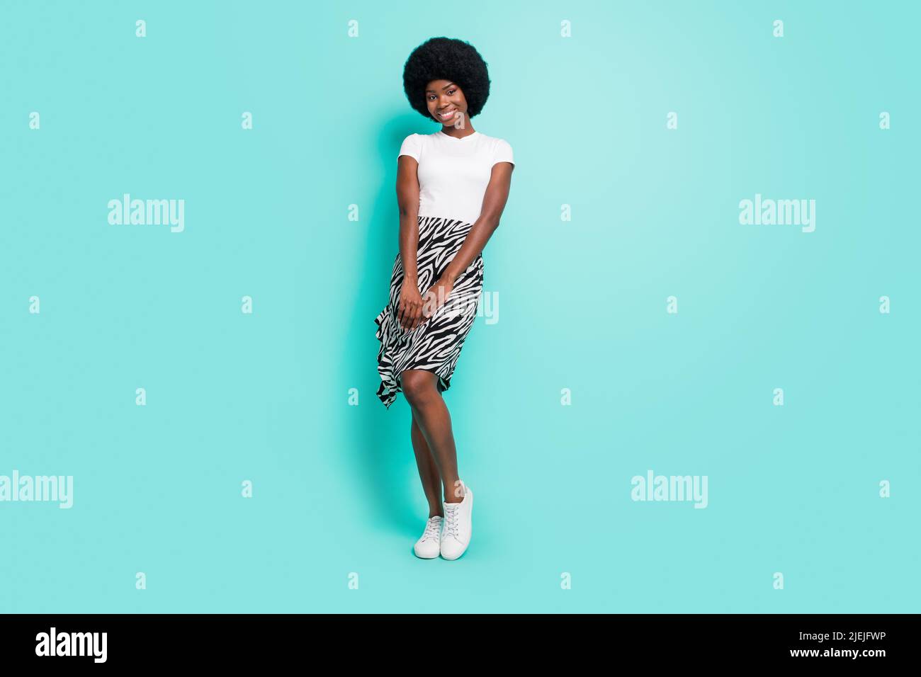 Full body photo of afro american young happy lady good mood smile ...