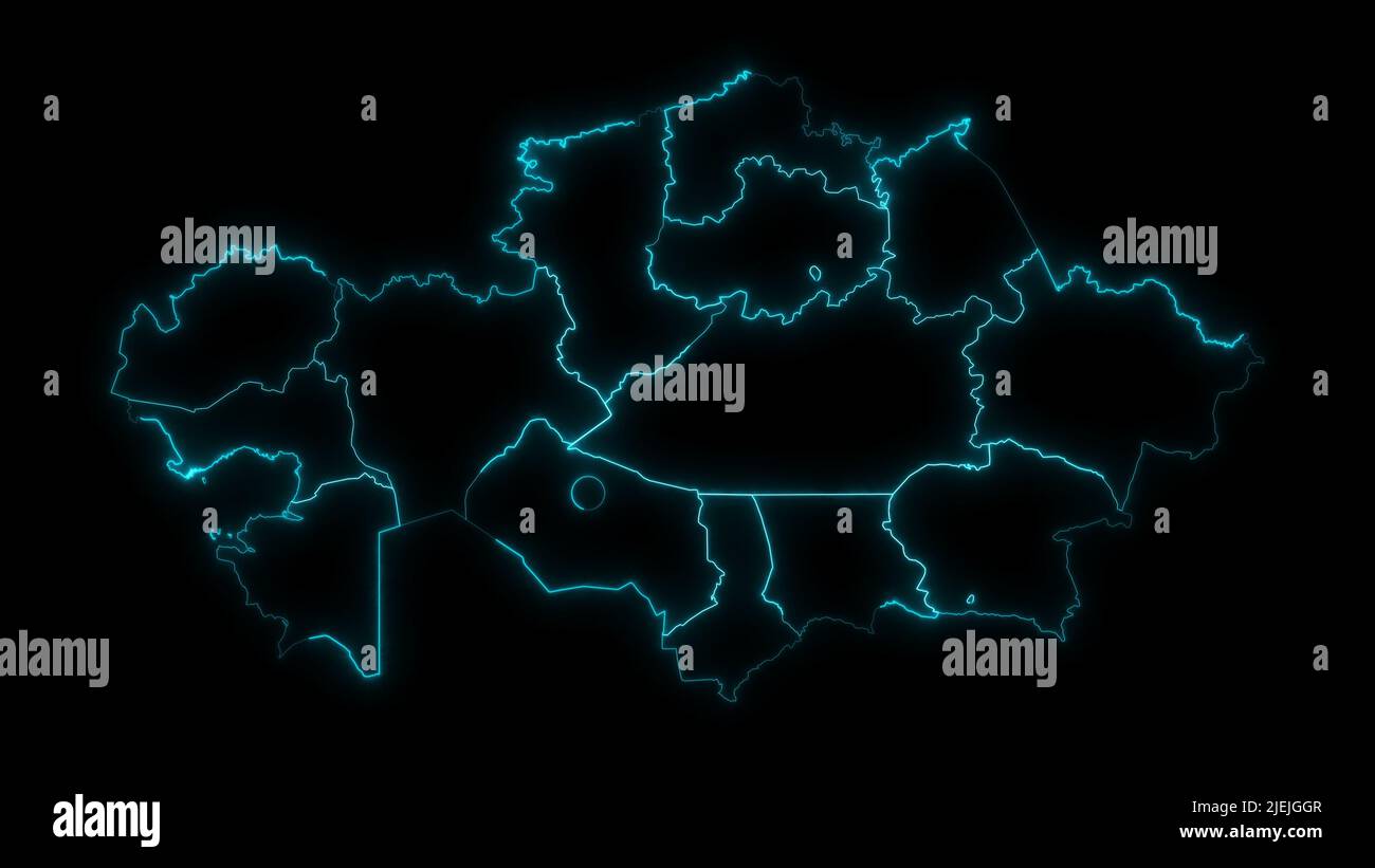 Abstract map outline of Kazakhstan with Regions glowing outline in ...