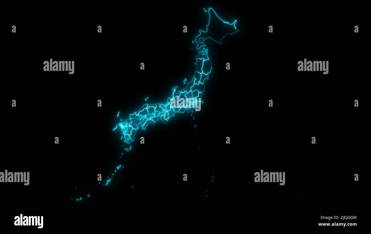 Abstract map outline of Japan with Prefectures glowing outline in black ...