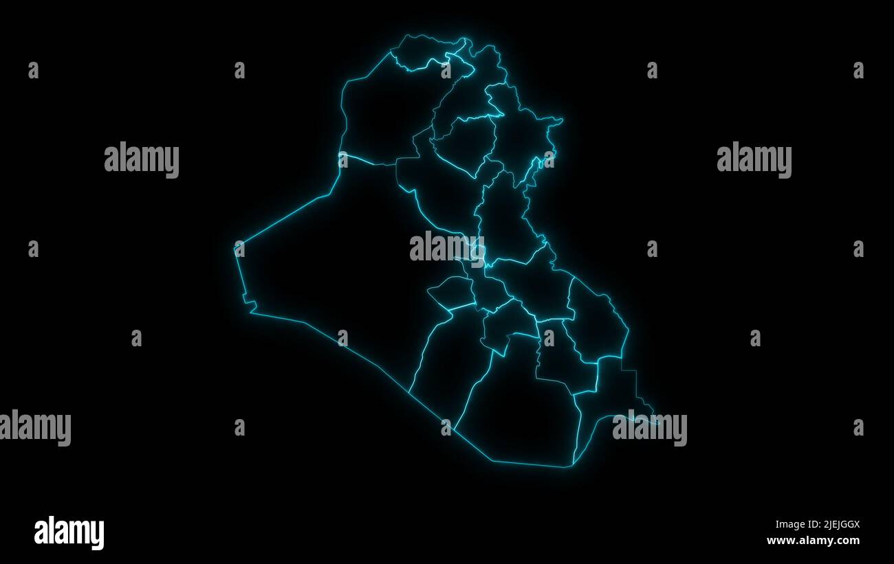 Abstract map outline of Iraq with Governorates glowing outline in black ...
