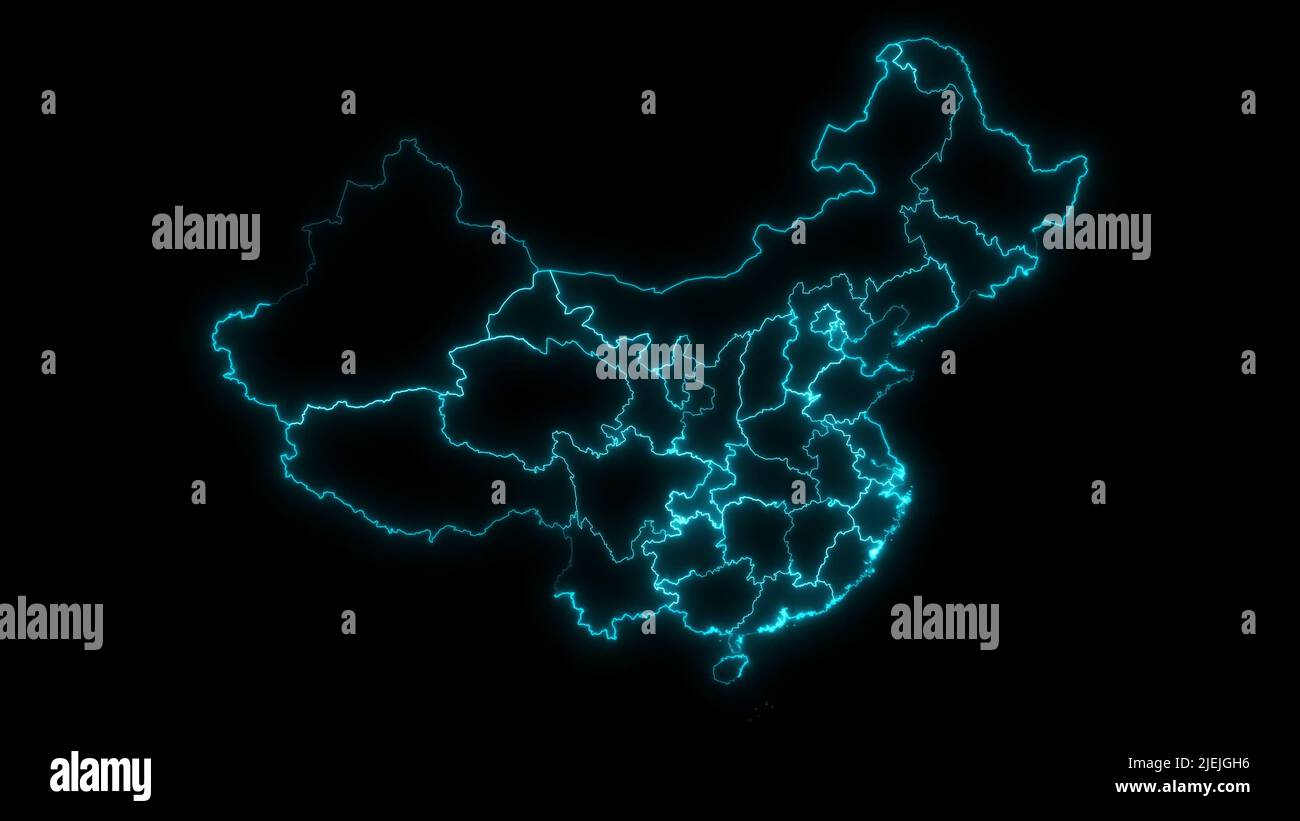 Abstract map outline of China with Provinces glowing outline in black ...