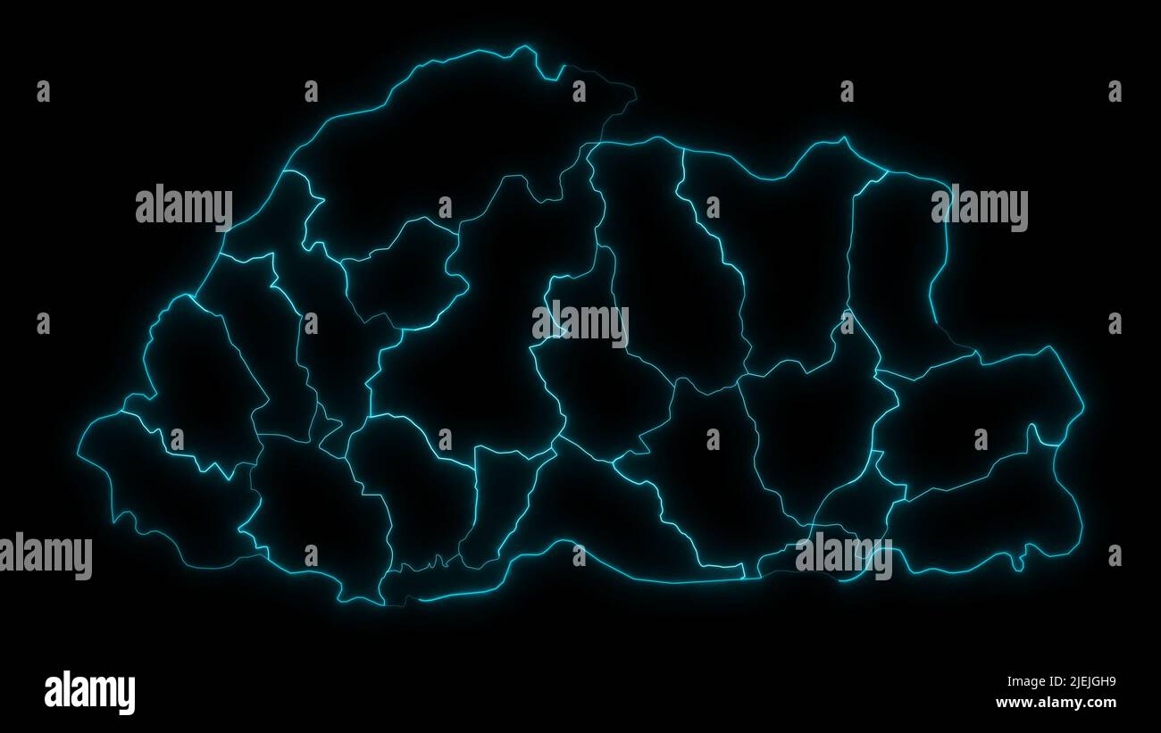 Abstract map outline of Bhutan with Districts glowing outline in black ...