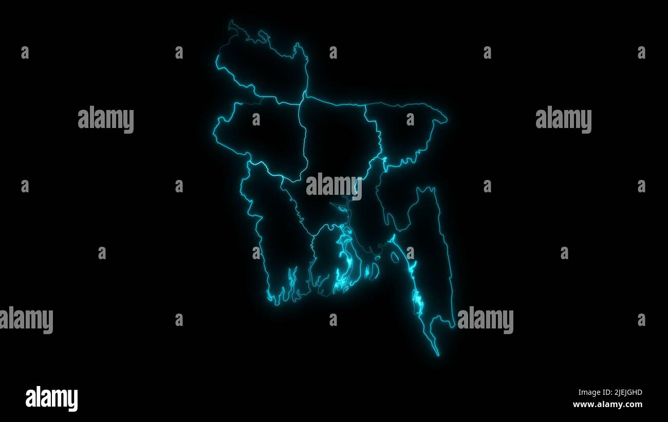 Abstract map outline of Bangladesh with Divisions glowing outline in ...