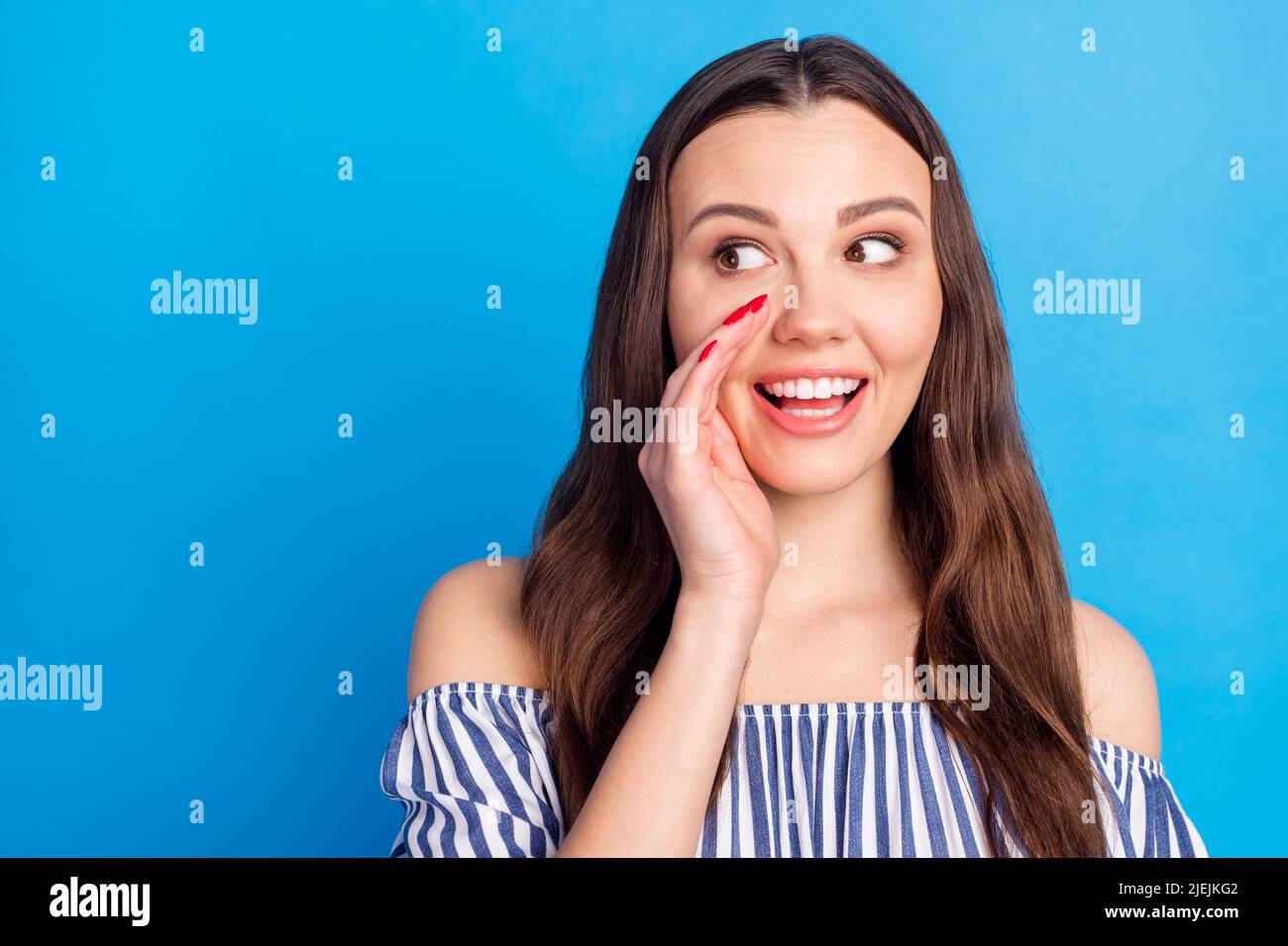 Photo of adorable sweet lady wear off-shoulders clothes arm lips ...