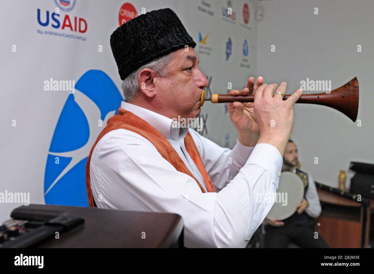 Famous Crimean Tartar musician Dzhemil Karikov playing national musical ...