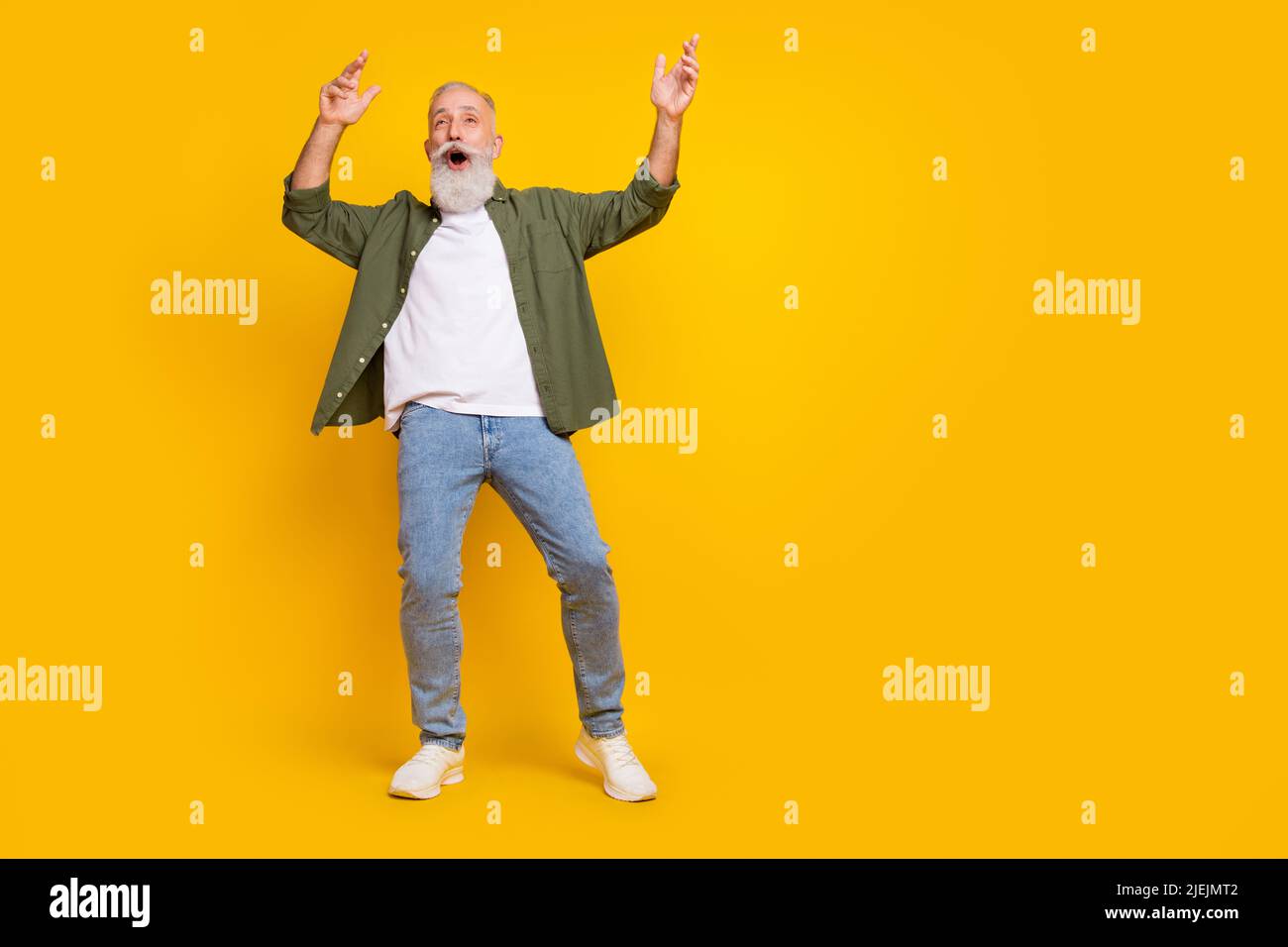 Full length body size photo of dancing senior man wearing casual ...