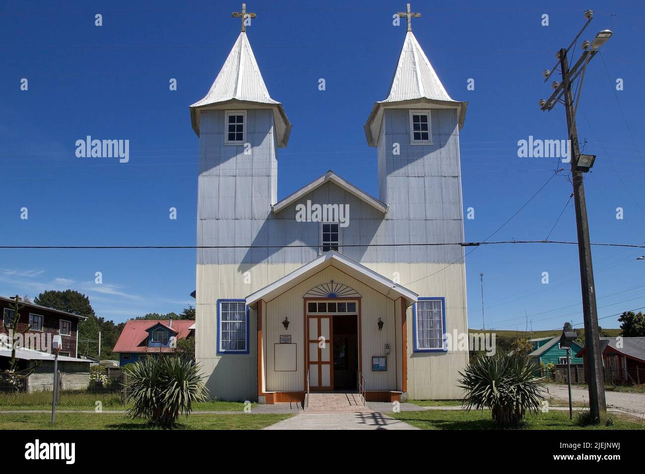 Traditional wodden church at the Chacao village in the Chiloe island ...