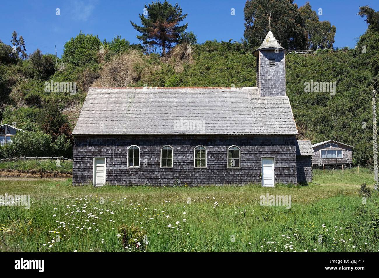 Traditional wodden church at the Caulin village in the Chiloe island ...