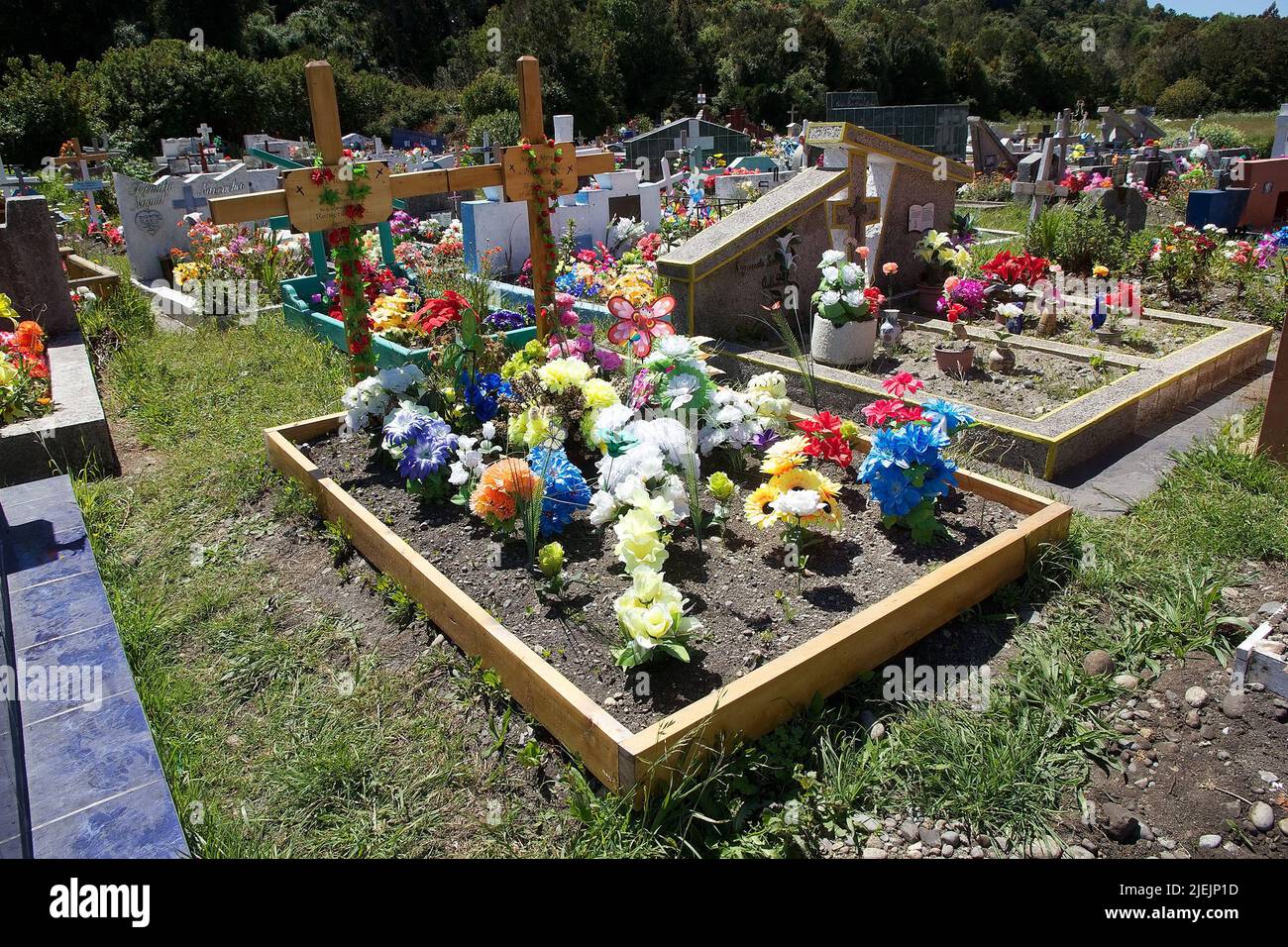 Graves in the cemetery in the Caulin village in the Chiloe island ...