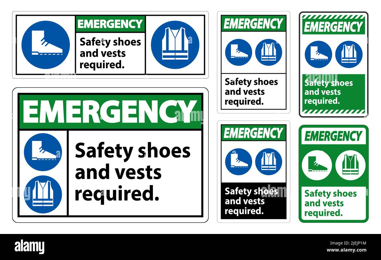Emergency Sign Safety Shoes And Vest Required With PPE Symbols on White ...