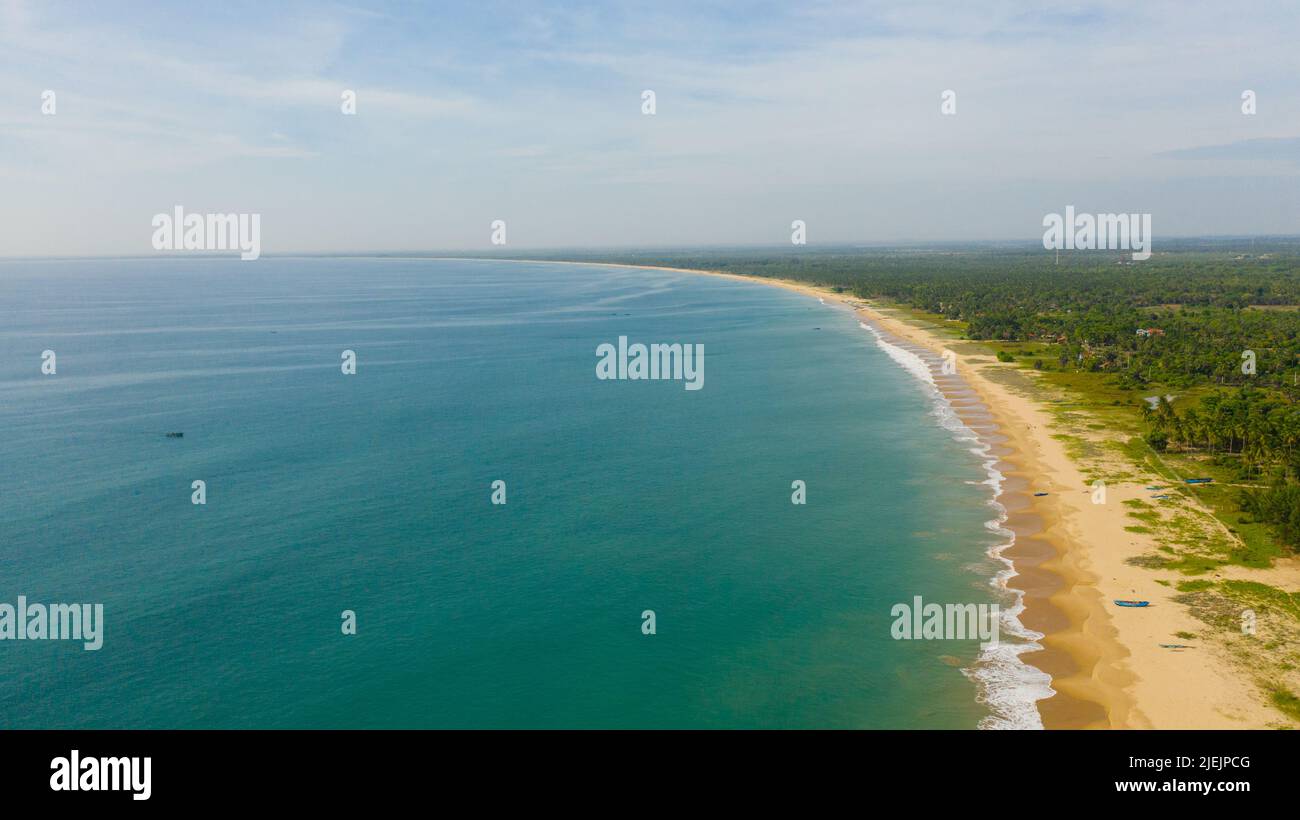 Aerial drone of Sandy beach and turquoise water. Kalkudah Beach, Sri ...