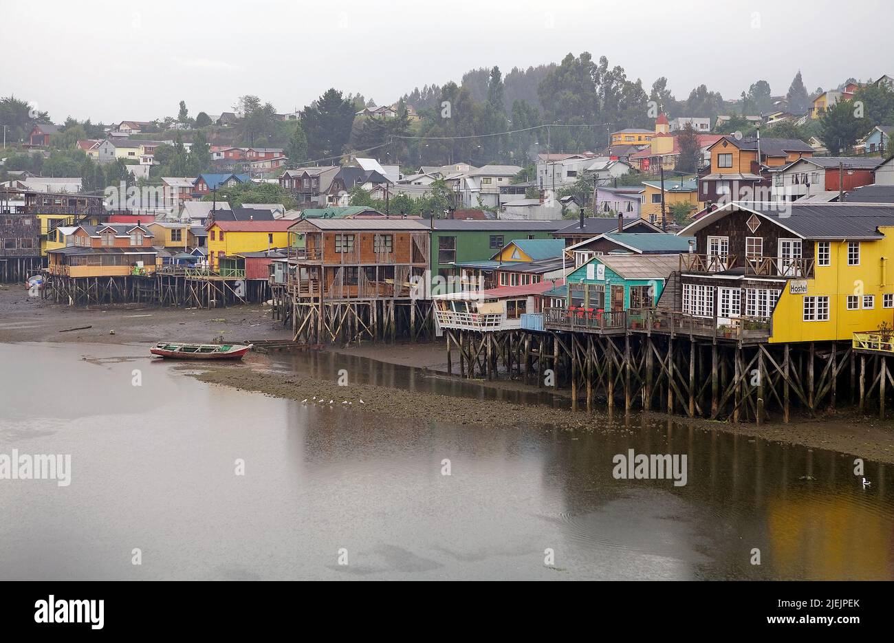 Traditional wooden stilt houses, palafitos, at Castro in Chiloe Island ...