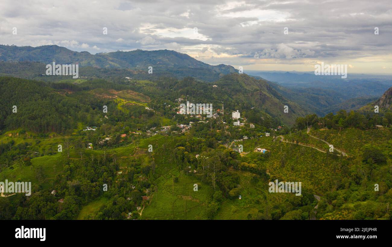 Aerial view of Ella is surrounded by green hills with tea plantations ...