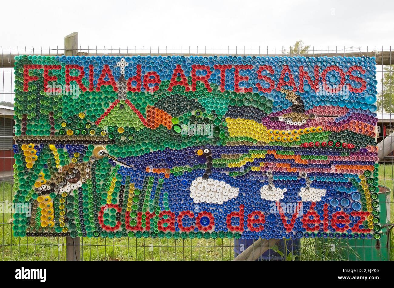 Artisan fair panel made by plastic bungs at Curaco de Velez, Quinchao ...