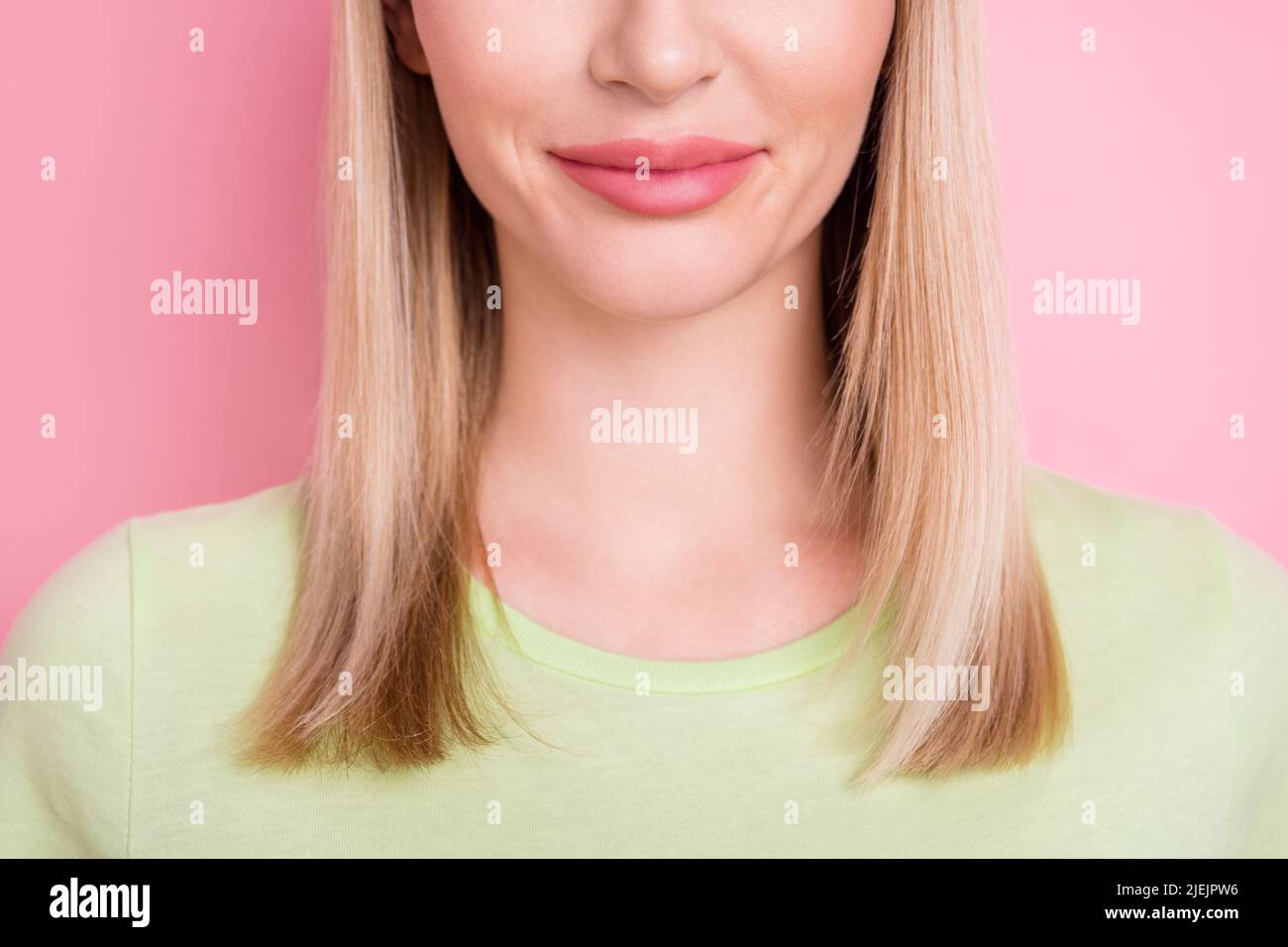 Cropped photo of charming lady lips botox injection advertisement wear ...