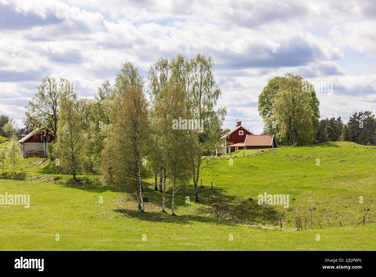 Meadow landscape with a farm in spring Stock Photo - Alamy