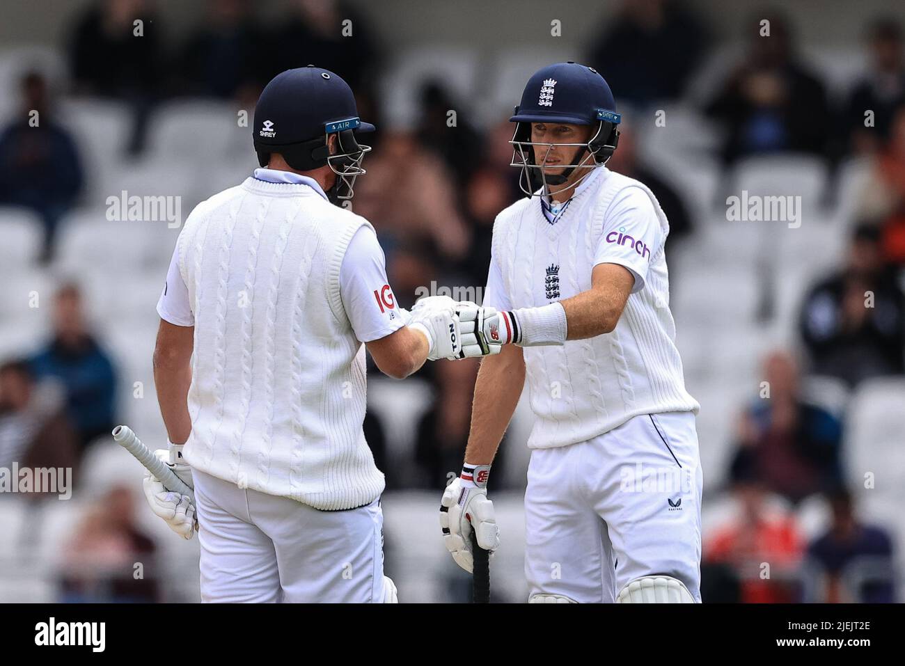Leeds, UK. 27th June, 2022. Joe Root of England fist bumps Jonny ...