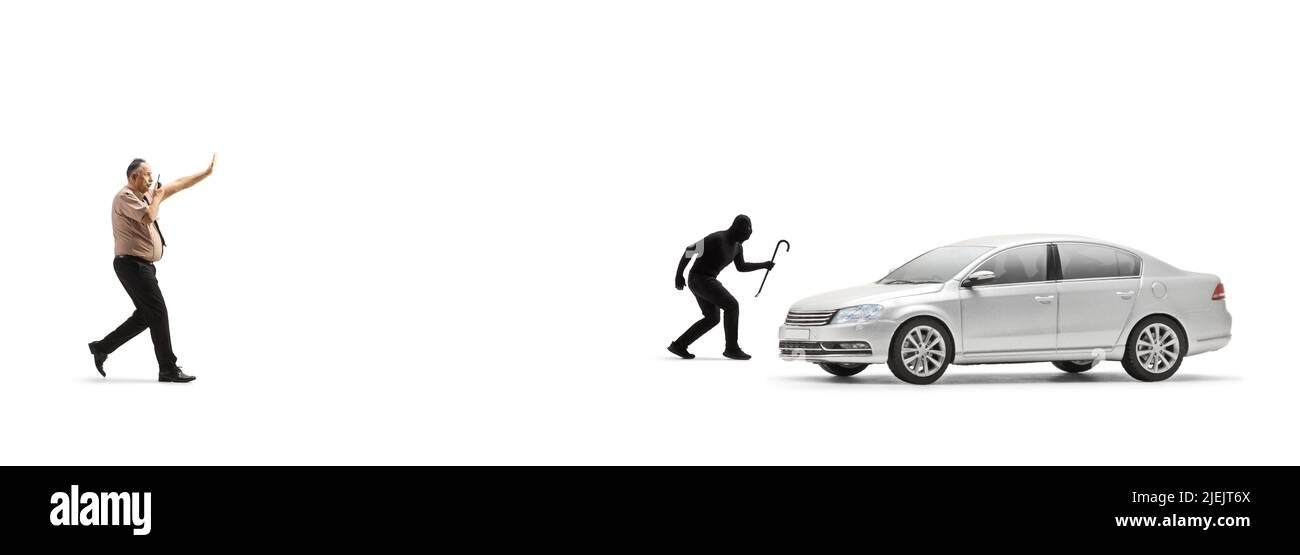 Security officer chasing a thief walking towards a silver car isolated ...