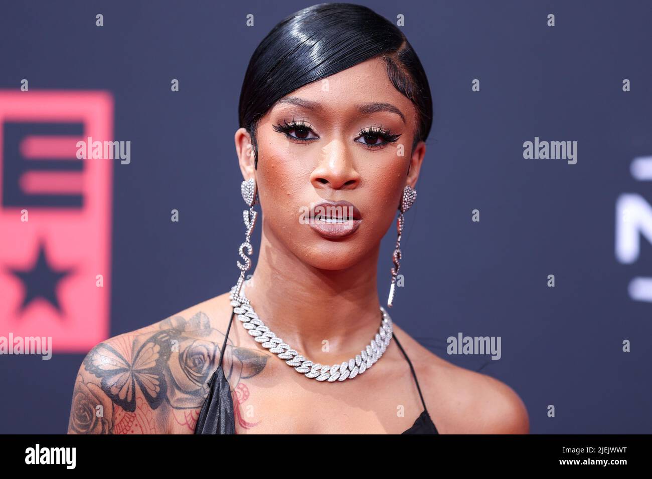 LOS ANGELES, CALIFORNIA, USA - JUNE 26: Lakeyah arrives at the BET Awards 2022 held at Microsoft ...